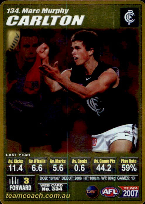 Marc Murphy, Gold, 2007 Teamcoach AFL — Ja Ja's Collectables