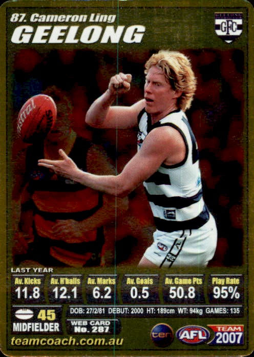 Cameron Ling, Gold, 2007 Teamcoach AFL — Ja Ja's Collectables