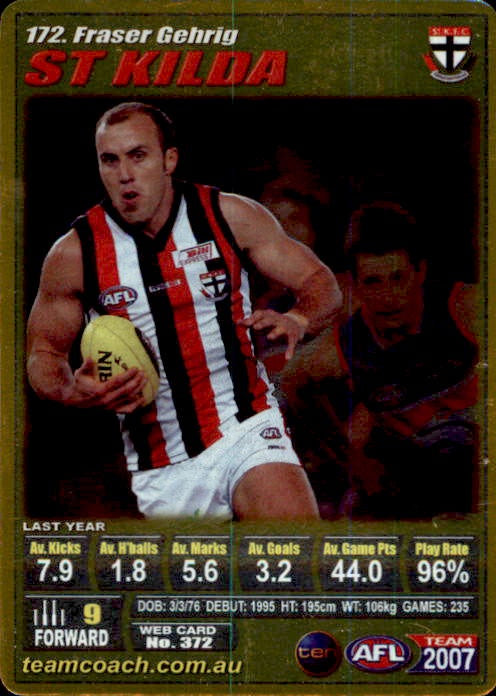 Fraser Gehrig, Gold, 2007 Teamcoach AFL — Ja Ja's Collectables