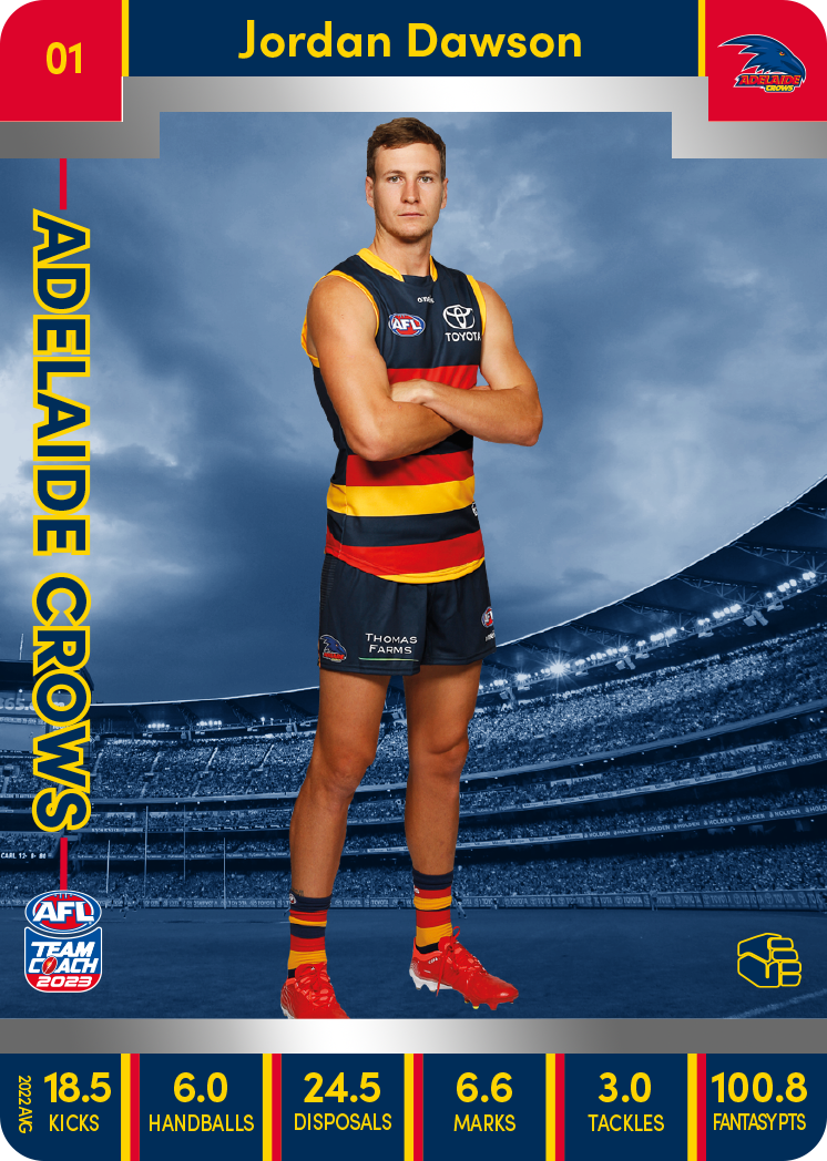 Jordan Dawson, 01, Silver Parallel, 2023 Teamcoach AFL — Ja Ja's Collectables