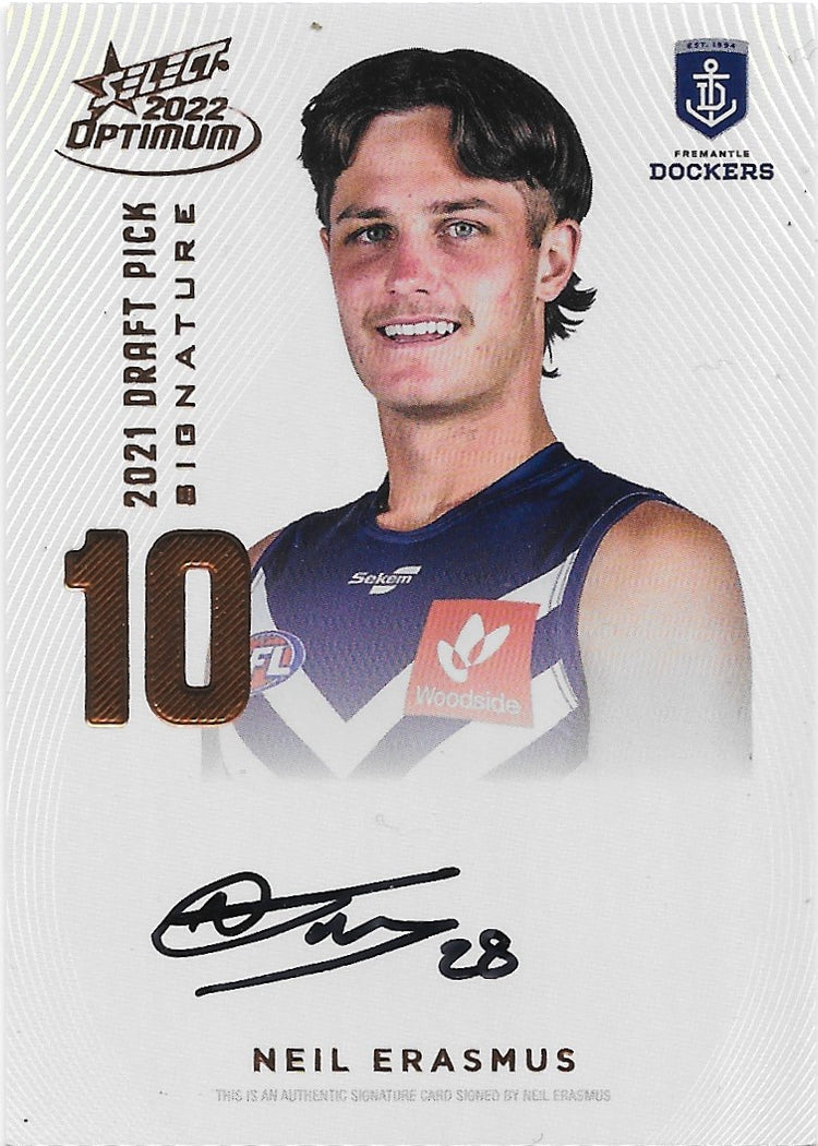 Neil Erasmus, Copper Draft Pick Signature, 2022 Select AFL Optimum — Ja ...