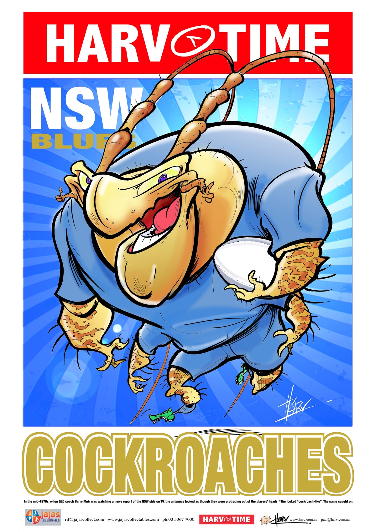 State of Origin NSW Cockroaches, NRL Mascot Harv Time Poster — Ja Ja's ...